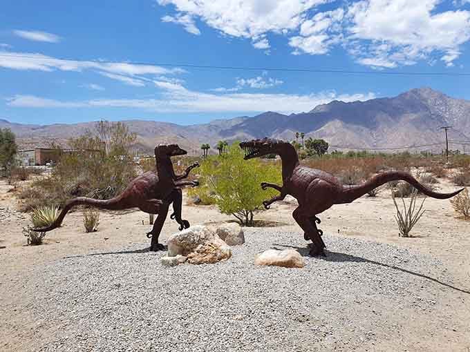 Two dinosaurs frozen mid-chase with mountains watching&mdash;nature's most dramatic sculpture garden comes alive here.