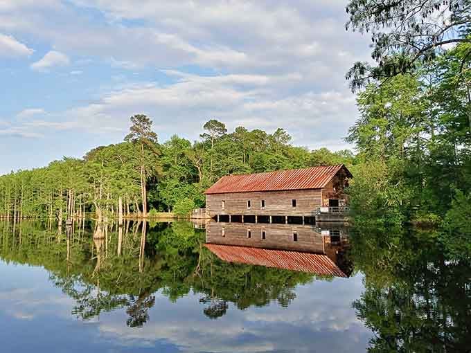 That weathered mill and its perfect reflection create a scene Norman Rockwell would have loved to paint.