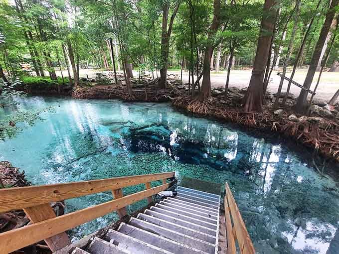 Looking down those wooden steps toward shimmering turquoise water, you get the feeling this spring has been patiently waiting for your visit.
