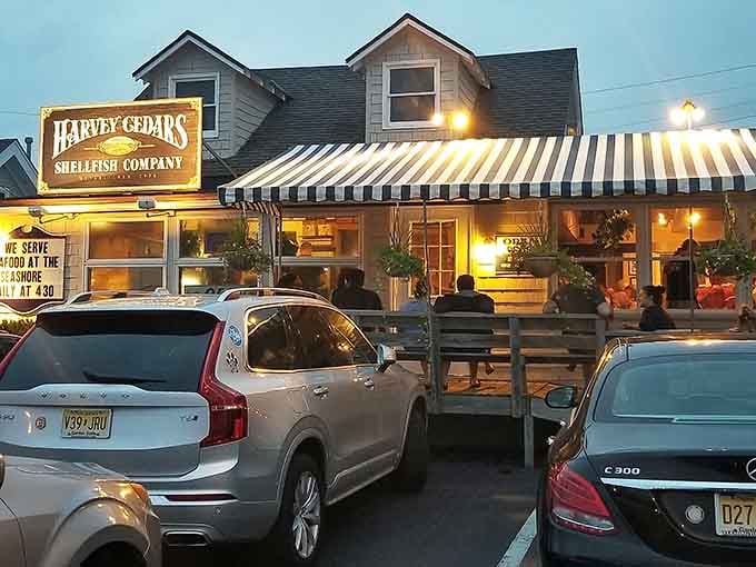 At dusk, the warm glow spilling from Harvey Cedars Shellfish Company makes that striped awning look like the entrance to somewhere truly special.