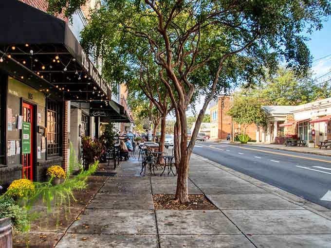 Shade trees lining the sidewalk make this downtown walkable even when the Carolina sun is showing off.