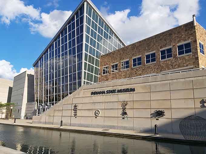 The Indiana State Museum's bold facade catches the afternoon light beautifully, reminding you that great architecture and great history belong together.