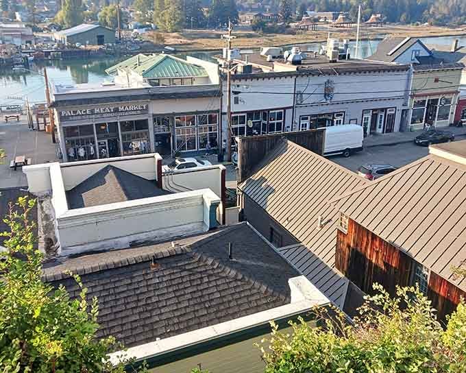 La Conner's waterfront rooftops and the old Palace Meat Market sign tell a story of a town that's kept its soul intact.