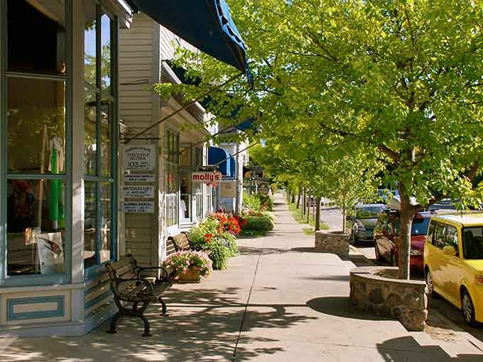 Flower boxes, park benches, and a sign for Molly's, because some sidewalks just know how to live.