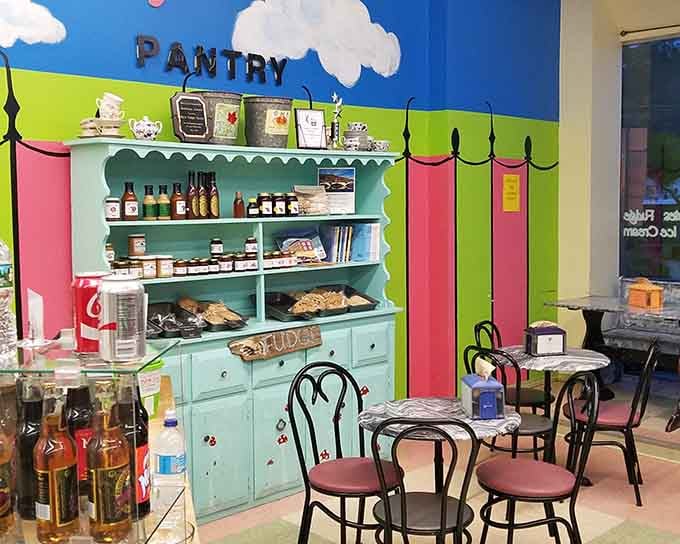 Bold colors, a pantry-style hutch, and little caf&eacute; tables &mdash; Mo's interior looks like Willy Wonka redecorated with excellent taste.