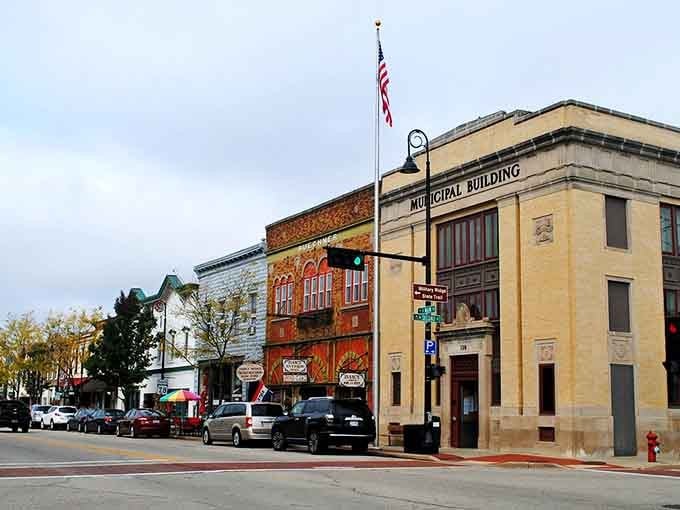 Colorful storefronts and a bold mural give Mount Horeb's main street the kind of visual energy you don't expect from a small town.