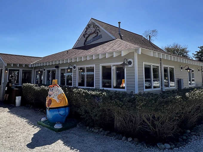 A colorful painted crab mascot standing guard out front is basically the world's most enthusiastic restaurant greeter.
