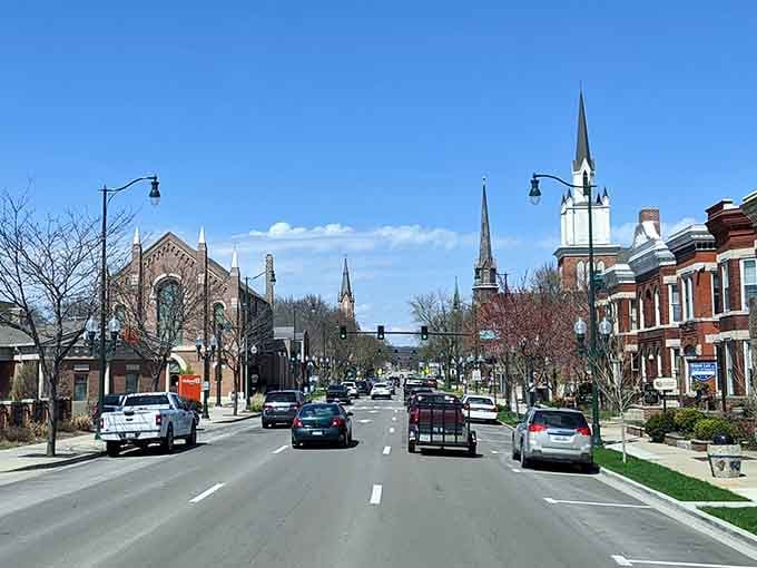 Church steeples punctuate the skyline like exclamation points, reminding you that some communities still have a visible sense of place.