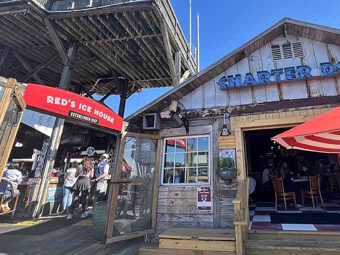 That bold red awning stamped "Established 1947" is basically a trophy case hanging right on the waterfront for everyone to admire.