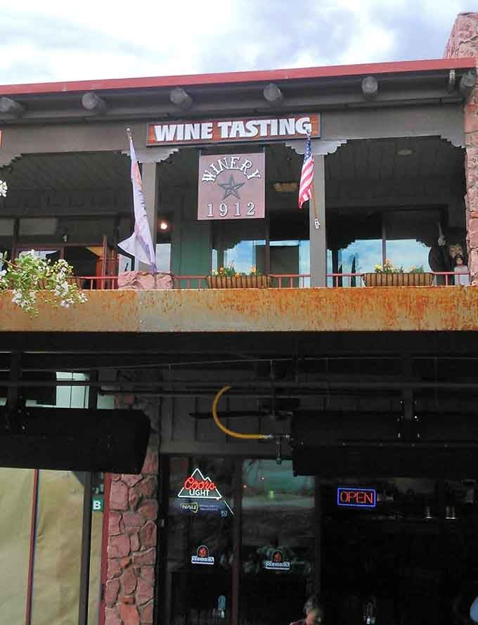 The "Wine Tasting" sign up top and the glowing "Open" sign below &mdash; Winery 1912 is ready whenever you are.