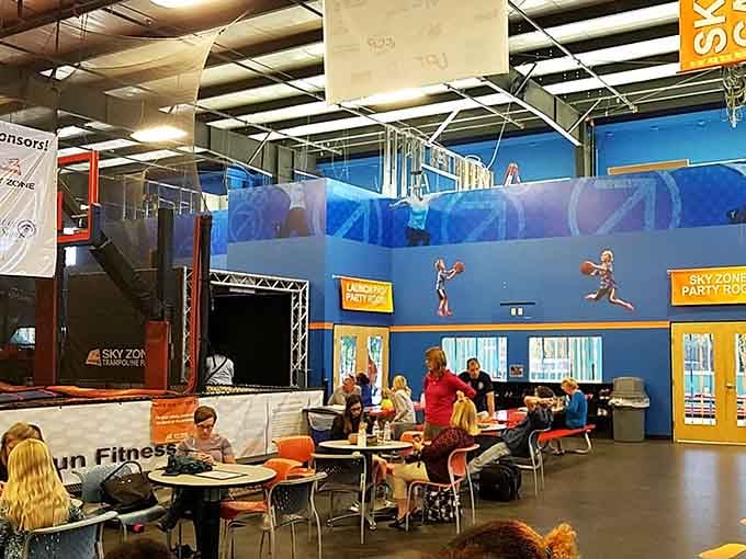 Parents find sanctuary in seating areas where they can rest while watching their offspring burn off approximately infinite energy.