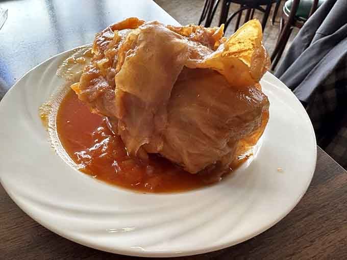 One Lithuanian Cabbage Roll sitting in tomato sauce, looking humble but delivering flavors that are anything but ordinary.