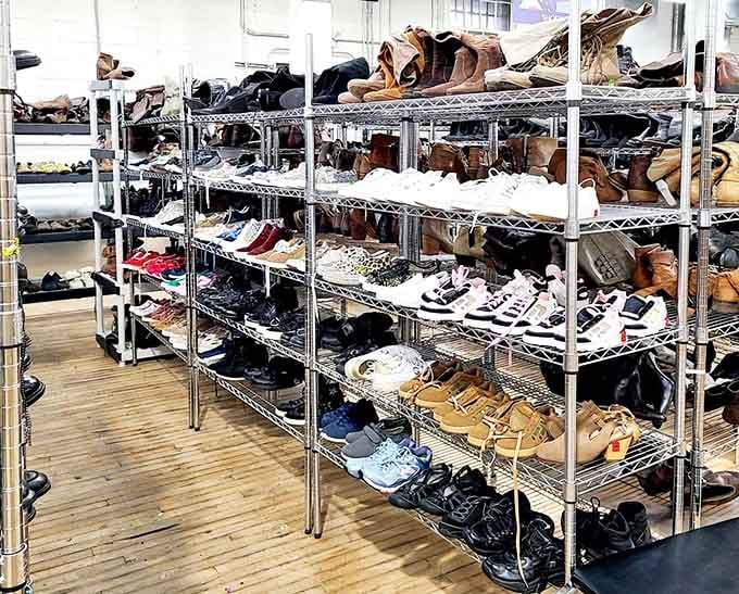 Shelf after shelf of shoes in every style, because Cinderella's slipper was basically just a thrift store find anyway.