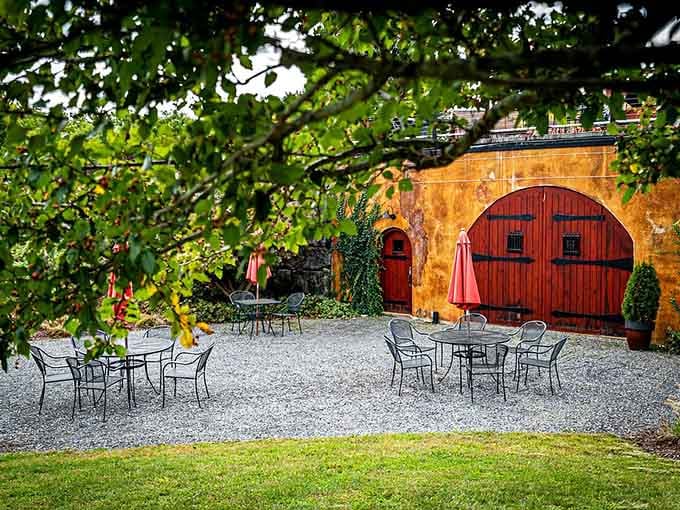 That golden stucco wine cave courtyard screams "European vacation" without the jet lag or currency exchange confusion.
