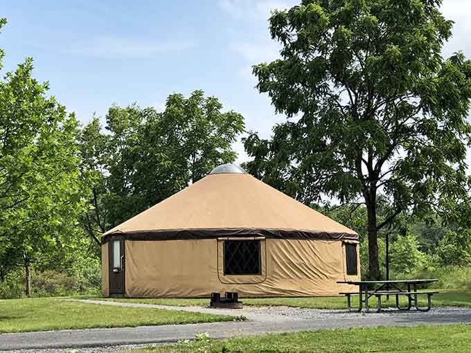 Yes, that's a yurt, and yes, you can actually sleep in one here, roughing it has never looked this civilized.
