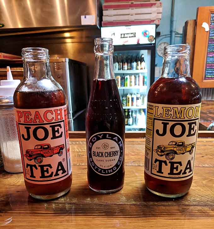 Joe Tea and Boylan sodas provide the perfect vintage beverage pairing for your oversized slice.