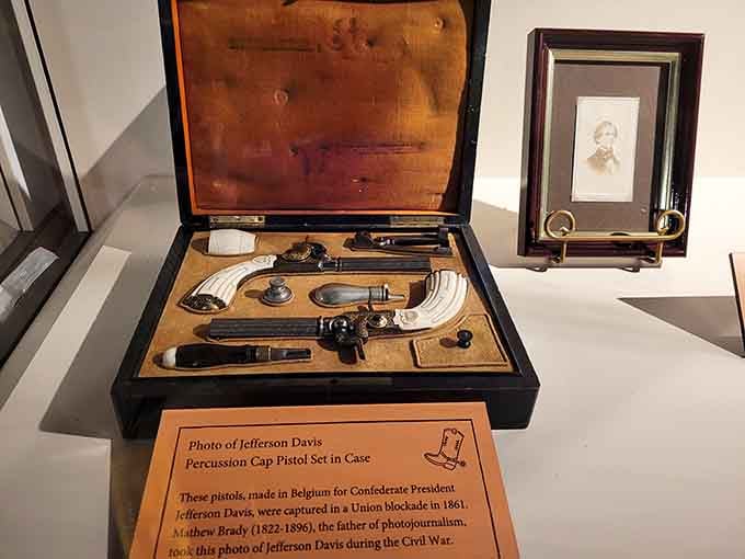 Belgian-made percussion cap pistols once destined for a Confederate president, intercepted by history and preserved for all of us.