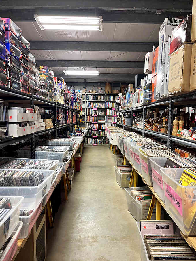 Bins of vinyl records and CDs stacked deep, a music lover's personal paradise hiding in plain sight.