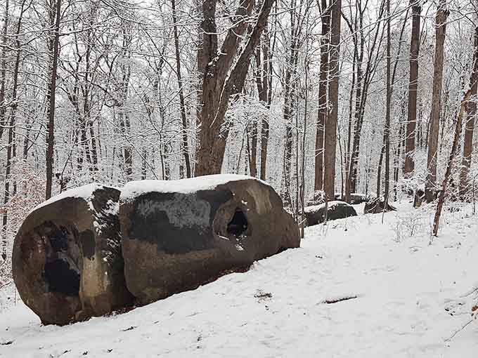 Snow-dusted boulders sit quietly in a winter wonderland, looking like something straight out of a Narnia chapter.