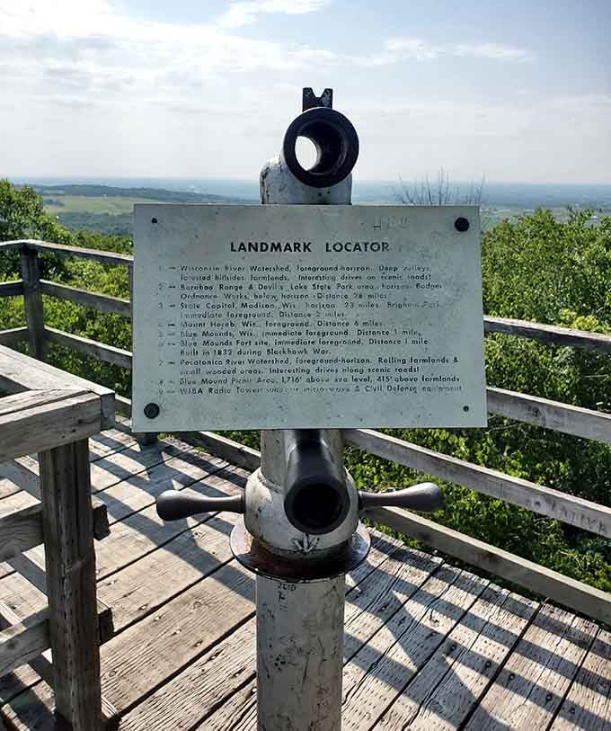 A landmark locator on a wooden deck with views stretching for miles. Old school navigation never looked this good.