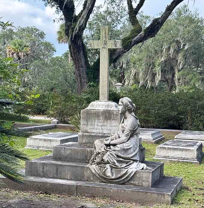 Corinne Elliott Lawton's monument sits quietly beneath the oaks, radiating a dignity that genuinely stops you cold.