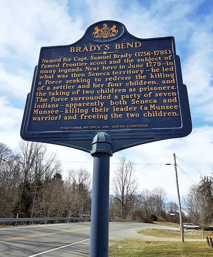 The Pennsylvania Historical and Museum Commission marker tells Captain Samuel Brady's remarkable frontier story, right where history actually happened.