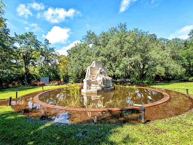 The Visionaries fountain stands as a testament to artistic ambition, surrounded by perfectly manicured Southern charm.
