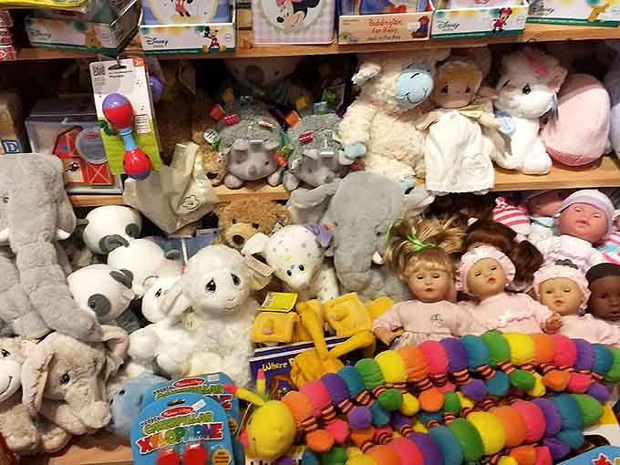 Plush animals and dolls packed onto shelves, soft and waiting. Bull Frog Corner clearly believes every visit deserves a souvenir.