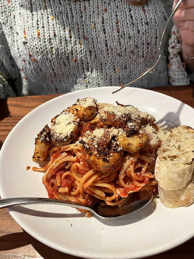 Shrimp Diablo brings the heat with fresh mozzarella dots that look like edible clouds of happiness.