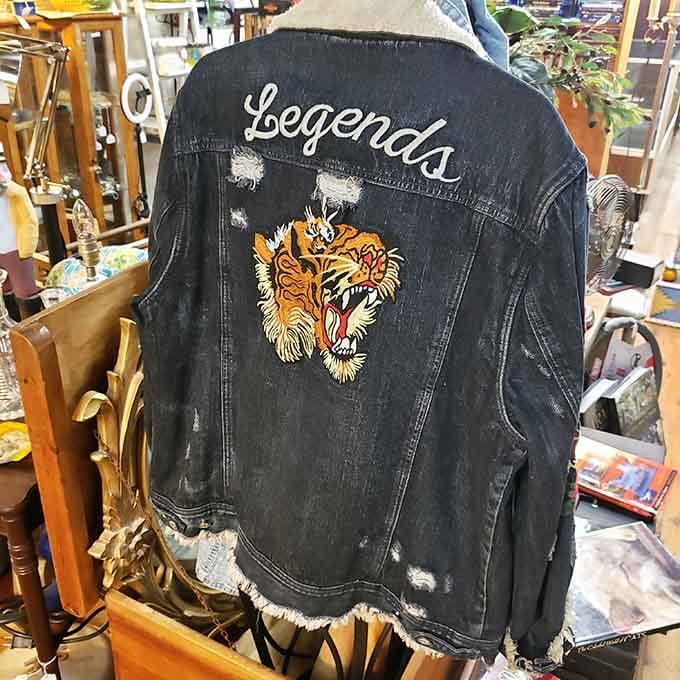 A distressed denim jacket that simply says "Legends" on the back, because some pieces speak for themselves.