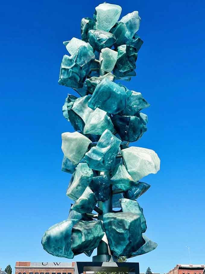 These towering stacks of teal glass chunks look like something a very talented giant assembled on a sunny afternoon.