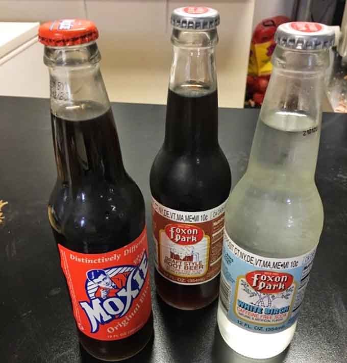 Moxie, Foxon Park root beer, and white birch soda. New England in three bottles, no passport required.