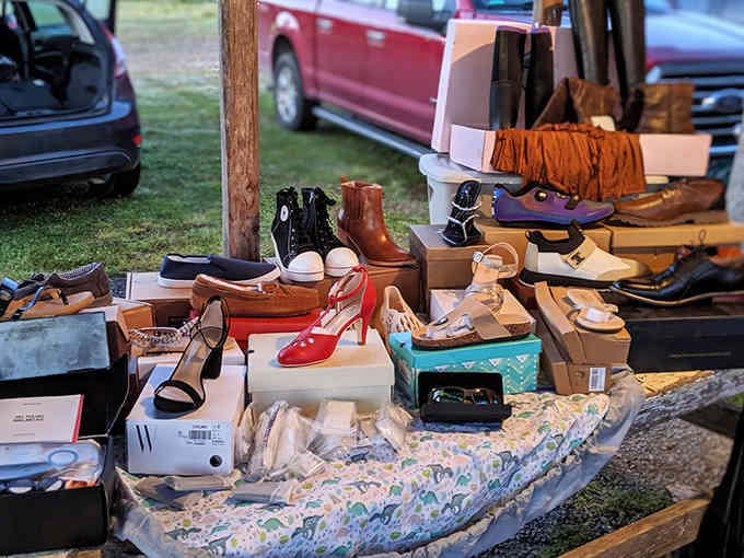Women's shoes spread across tables like a footwear buffet, offering style options that won't require a second mortgage.
