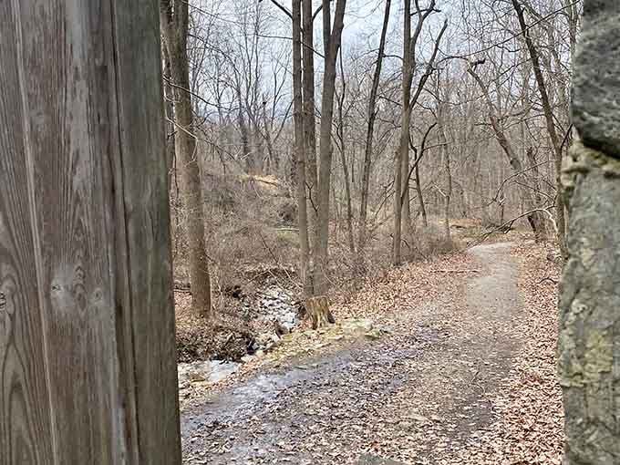 A quiet winter trail winds past the ruins, stripped bare and honestly more dramatic for it.