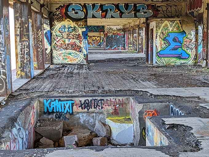 Every surface tells a story here, layered like a lasagna of urban art and creative rebellion.