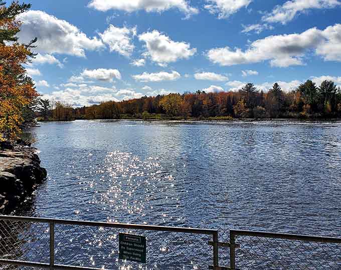 The Wisconsin River reflects autumn's masterpiece like nature's own mirror, doubling your viewing pleasure for free.