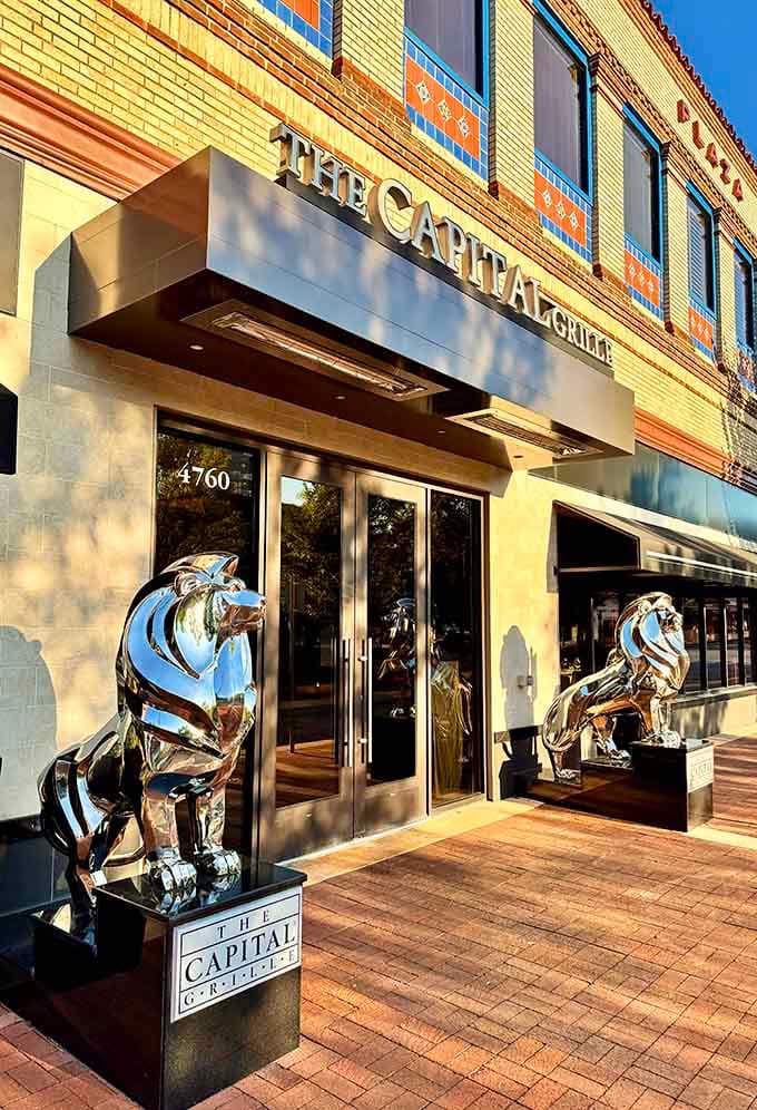 Two polished lion sculptures guard the entrance to The Capital Grille, because dinner here deserves a proper welcome.