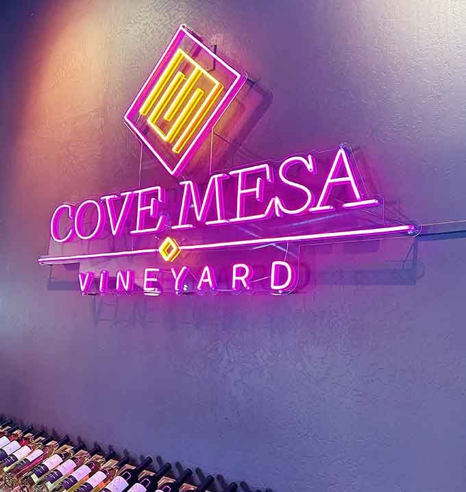 That glowing pink neon sign makes Cove Mesa Vineyard look like the coolest place in the Verde Valley, because it is.