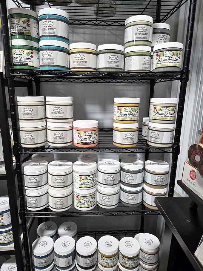 Rows of resin paint in every shade imaginable, ready to transform that tired old furniture piece.