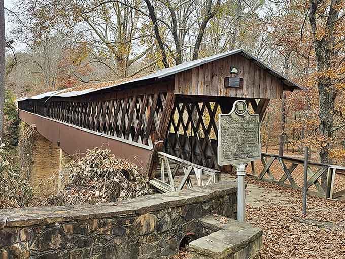 This weathered covered bridge stands as a testament to craftsmanship from an era when things were built to last.