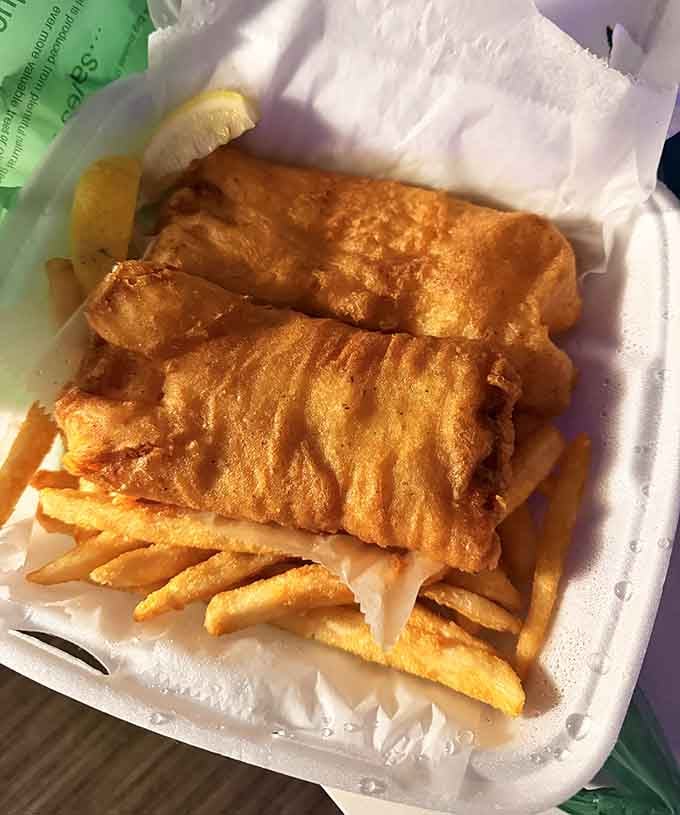 Beer-battered fish and chips so crispy they could make a British pub jealous, served in classic no-frills style.
