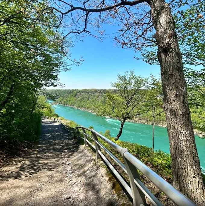 A dirt path, a metal railing, and a river so blue it makes the Caribbean quietly nervous.