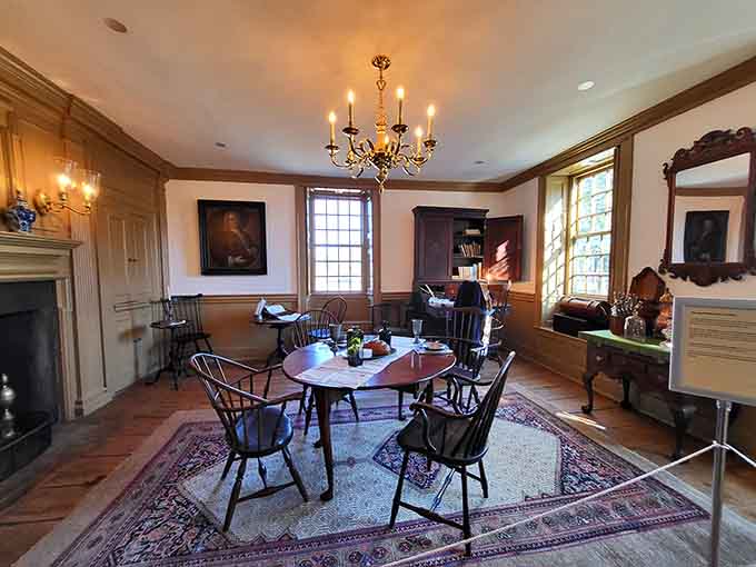 Windsor chairs circle the table under a brass chandelier, ready for a dinner conversation about, say, liberty.