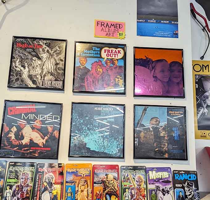Framed album art turned into wall decor. The Mothers of Invention next to Iron Maiden figures feels exactly right here.