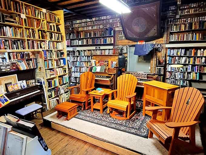 Wooden Adirondack chairs, a vintage organ, and walls of books, this reading nook is basically a dream you can sit in.