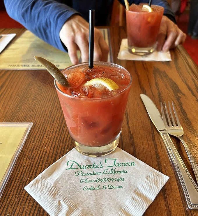 A Bloody Mary at Duarte's Tavern, garnished and ready. The napkin alone tells you exactly where you are.