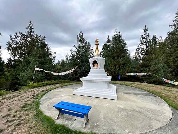 The Buddhist Stupa of Enlightenment stands serenely on Whidbey Island, prayer flags fluttering softly, with a bright blue bench inviting you to simply sit and breathe.