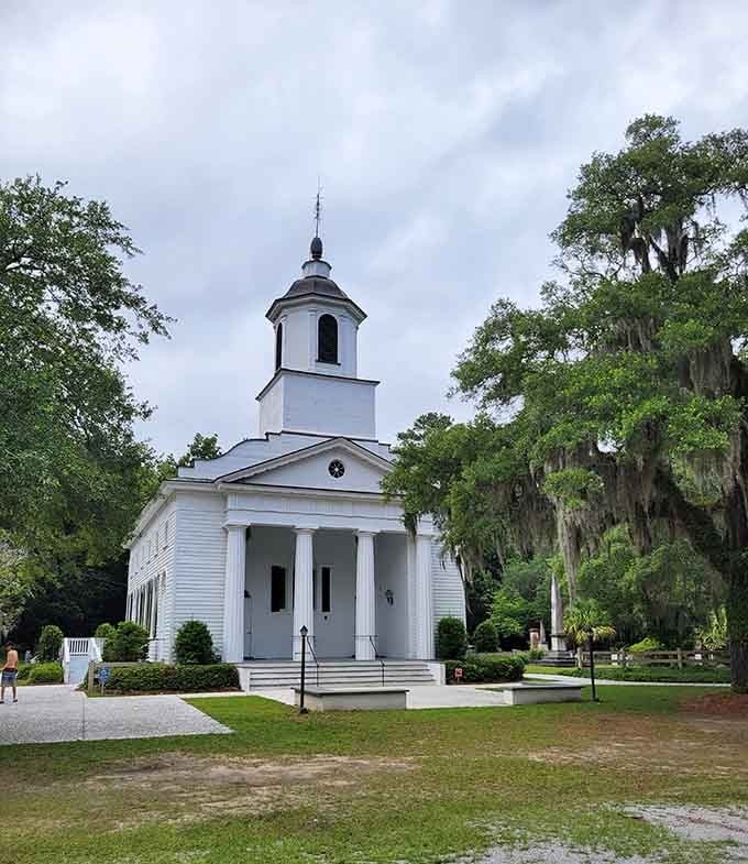 This pristine white church stands as a testament to history, faith, and the kind of architecture that never goes out of style.