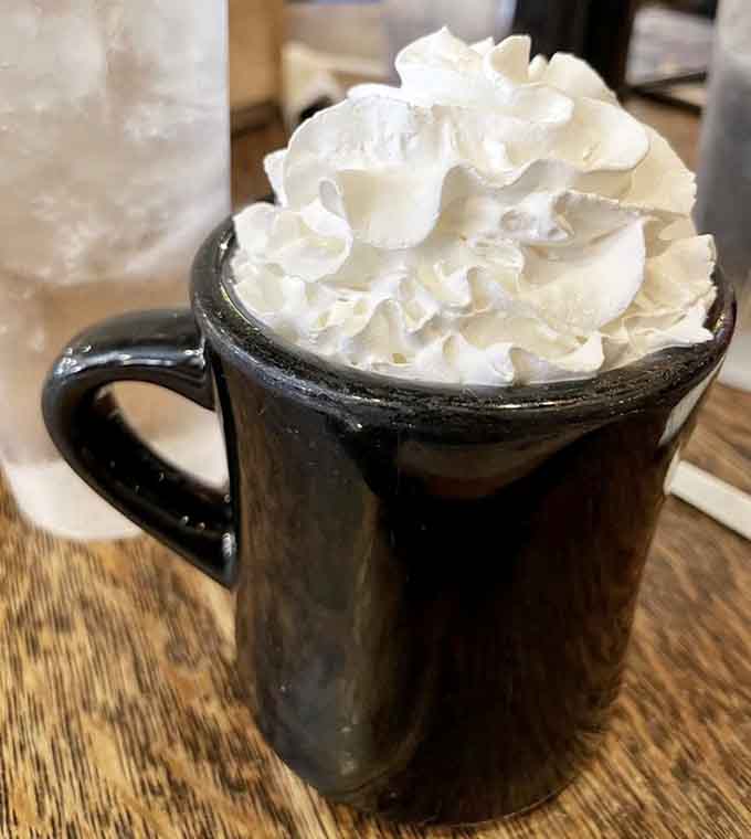 Hot chocolate topped with whipped cream, because sometimes you need to feel like a kid again, even at breakfast.
