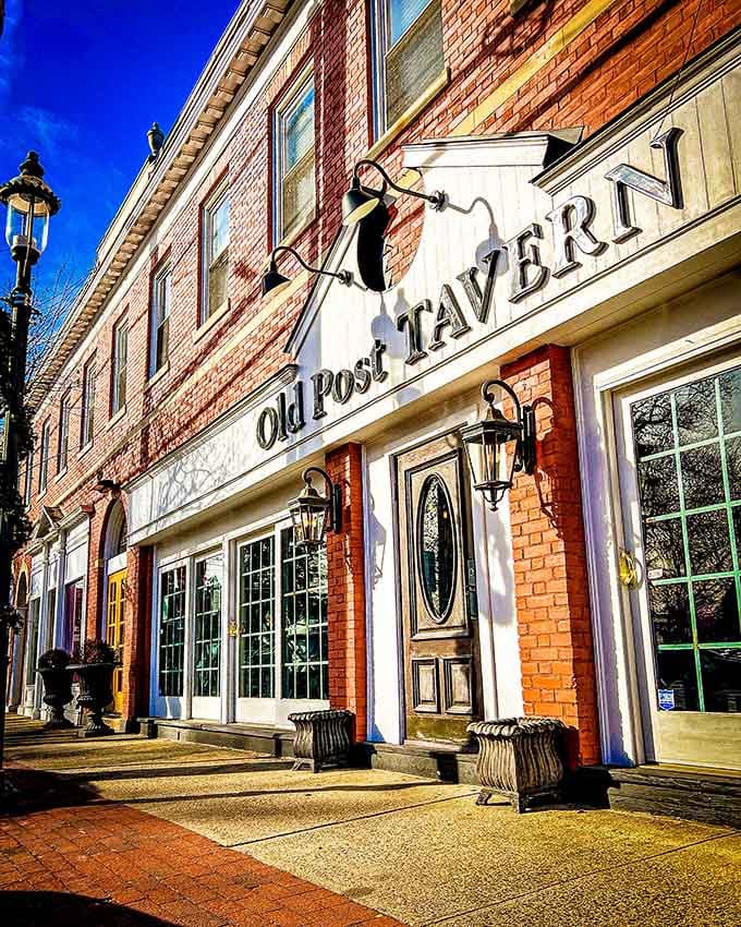 Old Post Tavern's warm gas lanterns and classic brick facade make you want to pull up a chair immediately.